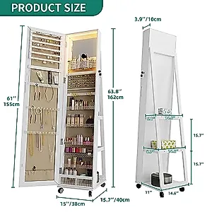 YITAHOME Mirror Jewelry Cabinet with Lights Standing Jewelry Armoire Storage Rotatable Full Length Mirror Jewelry Organizer Lockable Jewelry Armoire with Wheels for Bedroom, Cloakroom, White