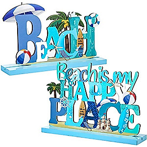 2 Pcs Beach Sign Ocean Sea Animal Party Decor Beach is My Happy Place Plaque Sign Wooden Table Decorations for Coastal Theme Interior Beach House Home Beach Bathroom Decor, 7.87 x 4.72 Inch
