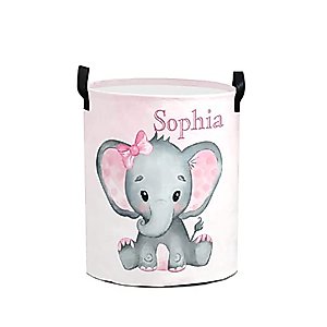 Cute Elephant Gradient Large Laundry Basket Custom Name Foldable Clothes Bag Collapsible Fabric Laundry Hamper Folding Washing Bin for Gift
