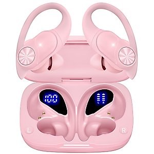 Bluetooth Headphones Wireless Earbuds 80hrs Playtime Wireless Charging Case Digital Display Sports Ear buds with Earhook Premium Deep Bass IPX7 Waterproof Over-Ear Earphones for TV Phone Laptop Pink