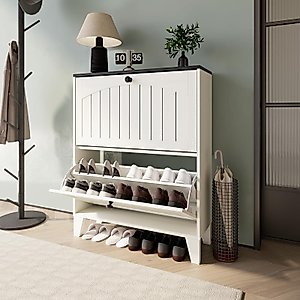 Shoe Cabinet Storage for Entryway, Shoe Cabinet Organizer with 2 Flip Drawers, Shoes Storage Cabinet with Ajustable Shelf, Hidden Slim Narrow Shoe Rack Cabinet, Vintage White (2-Drawers)