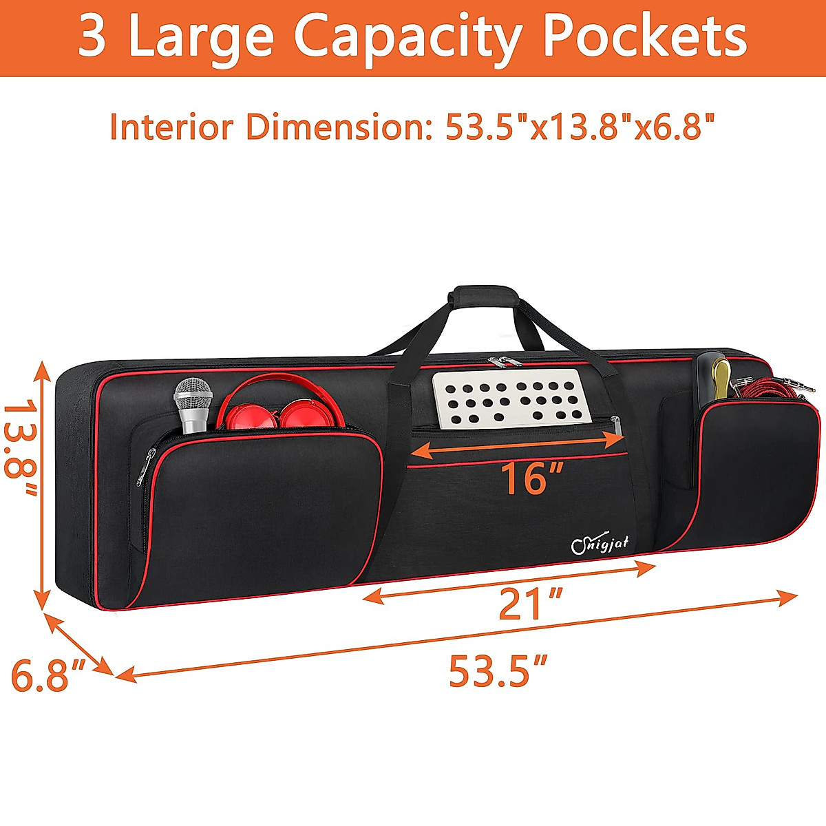 SNIGJAT 88 Key Keyboard Case Soft (Size: 53.5"x13.8"x6.8"), Padded Piano Case with Handle and Adjustable Shoulder Straps, Keyboard Gig Bag with 3 Pockets for Music Sheet Stand, Sustain Pedals, Cables