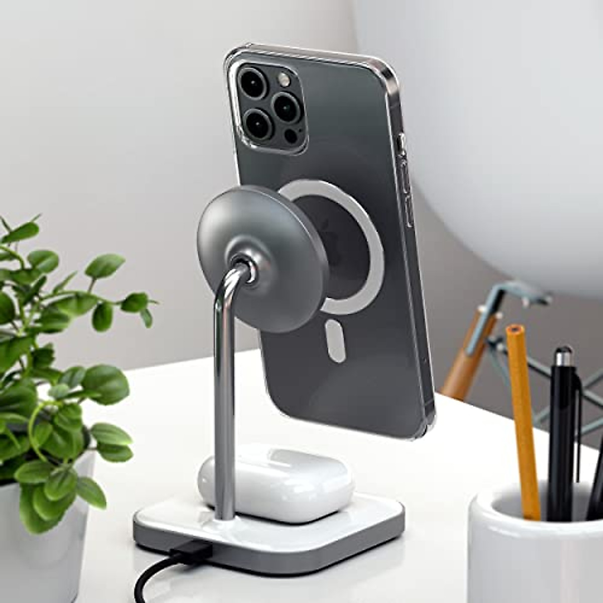 Satechi Aluminum 2-in-1 Magnetic Wireless Charging Stand – Compatible with iPhone 14 Pro/14/14 Plus, iPhone 13 Pro/13 Pro/13 Mini/13 with MagSafe, AirPods Pro 2/1, AirPods Gen 3/2