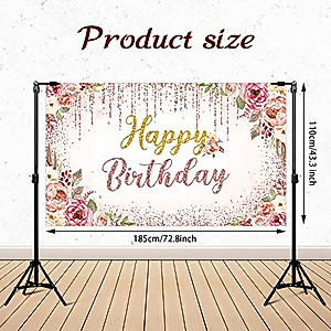 Happy Birthday Backdrop Decorations for Women Background Party Supplies Rose Backdrop Photography for Girls Boys Floral Glitters Banner Wedding Baby Shower Decor (Rose Gold)