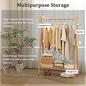 KASLANDI Solid Wood Clothes Rack, Clothing Rack with Shelf and Hook, Sturdy and Portable, Garment Rack for Hanging Clothes,Coats,Skirts,Shoes,Bags,Easy to Assemble (Natural)