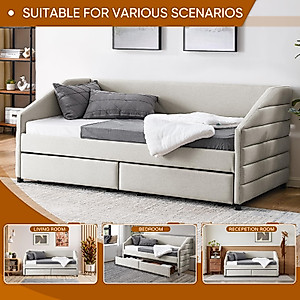 Twin Daybed with Storage Drawers, Upholstered Twin Size Daybed Frame, Modern Sofa Day Bed Frame with Curved Armrests, Linen Fabric Bedroom Furniture Bedframe, No Box Spring Needed (Twin, Beige)