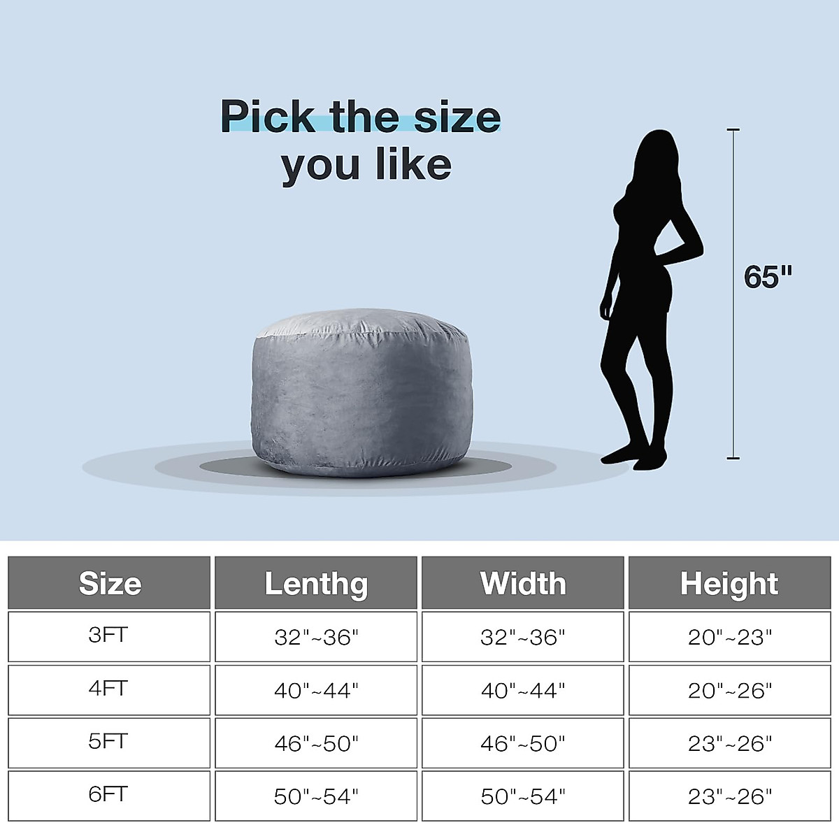 Large Bean Bag Chair: 4 ft Memory Foam Bean Bag Chairs for Adults/Kids,Bean Bag Chair with Fillings,Soft Faux Fur Fabric - Dutch Velvet, Black, 4 Foot