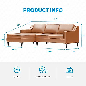 Mjkone Top Grain Leather Sectional Sofa Couch, Luxurious Upholstered Couches with Left Facing Chaise, Modular Lounge ＆ 2-Seater Couch Set for Living Room Apartment Office (Cognac Tan)