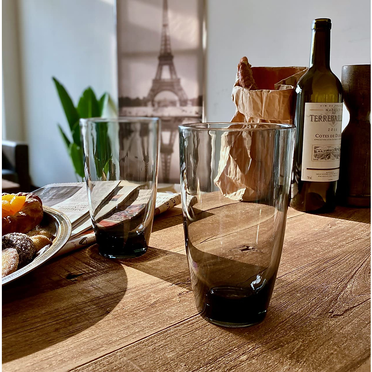 KLIFA- ETON- 15.2 & 20.8 ounce, Set of 8, Acrylic Tumbler & Highball Drinking Glasses, Stackable Plastic Drinkware, Dishwasher Safe, Gray-Black