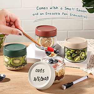 DIMBRAH 10oz Glass Jars with Lids - Set Of 4, Overnight Oats Containers with Lids, Practical Oatmeal Container to Go, Chia Seed Pudding Jars, with Spoon and Marker