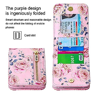 EAXER for Samsung Galaxy Z Flip 5 Case, Shockproof Women Rose Flower with Crossbody Strap Wallet Leather Stand Case Cover (Pink)
