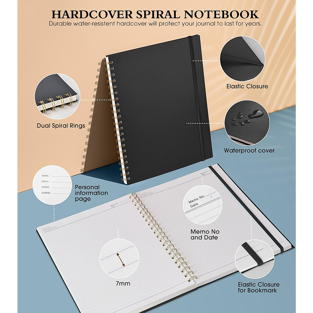 Spiral Notebook Journal 8.5” x 11”, A4 Large Notebooks for Women Men, College Ruled Lined Journal, 100 GSM Paper, Plastic Hardcover Spiral Bound Journals for Work School Note Taking Business, Black