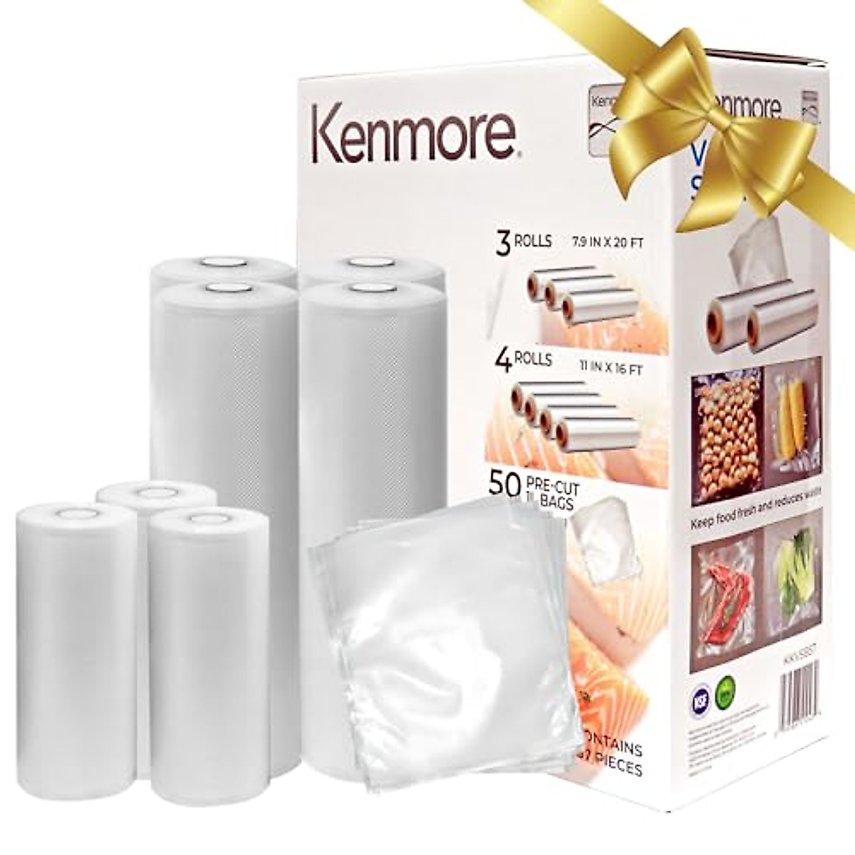 Vacuum Sealer Bags Set for FoodSaver Bag Nesco NutriChef Bonsenkitchen Kenmore BPA-Free Heat-Seal Textured Bags Sous-Vide 57 Jumbo Pack (50 Precut Bags-8"x10" 3 Rolls-8"x 20" 4 Rolls-11"x16")