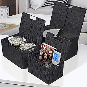 Sorbus Foldable Storage Cube Woven Basket Bin Set - Built-In Carry Handles - Great for Home Organization, Nursery, Playroom, Closet, Dorm, etc (Lid Bins - 3 Pack, Black)