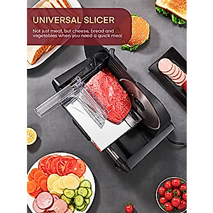 FOHERE Meat Slicer for Home Use, 200W Electric Deli Food Slicer with Removable Two 7.5” Blades, 0-15 Precise Thickness Knob Cut Deli Food, Meat Ham Bread Fruit, Include Food Carriage, Black