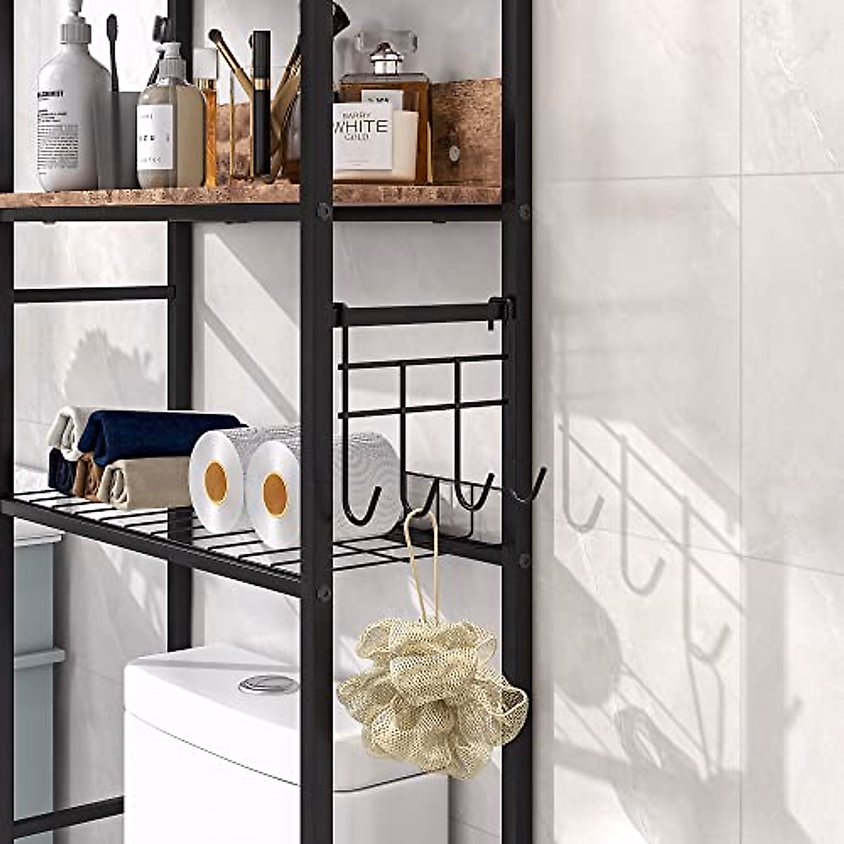 HOJINLINERO Over The Toilet Storage Shelf, 4-Tier Bathroom Over The Toilet Organizer Rack with 4 Hooks, Bathroom Shelf for Bathroom, Space Saver, Metal Frame, Rustic Brown