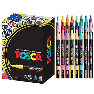 Posca Full Set of 24 Acrylic Paint Pens with Reversible Fine Point Tips, Markers for Rock Painting, Fabric, Glass Paint, Metal Paint, and Graffiti