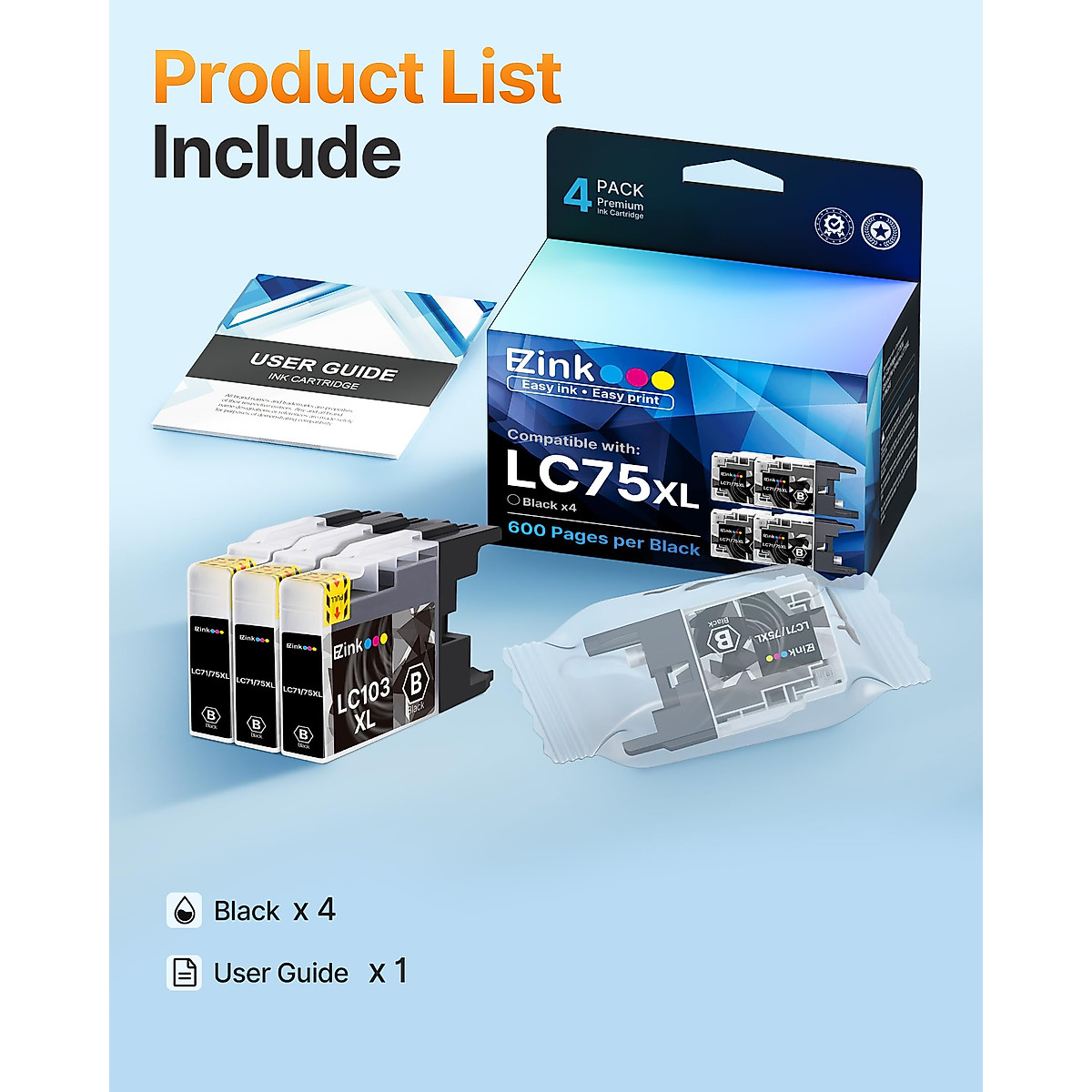 E-Z Ink (TM Compatible Ink Cartridge Replacement for Brother LC-75 XL LC75 XL LC-71 XL LC71XL High Yield Compatible with MFC-J6510DW MFC-J6710DW MFC-J6910DW MFC-J280W MFC-J425W(Black,4 Pack)