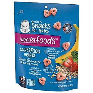Gerber Snacks for Baby Wonder Foods SuperFood Hearts with Quinoa Strawberry Banana Broccoli, Puffed Multigrain Snack, Non-GMO Ingredients, Resealable Pouch 1.48 Ounce(Pack of 2)