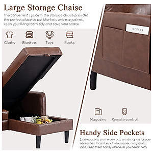 Deolme Pull Out Sleeper Sofa Bed with Storage Chaise Lounge, Modern Sleeper Couch with Side Pocket, Comfy 3 Seat Sofa Couch for Living Room, Bedroom, Home Office (Brown PU)