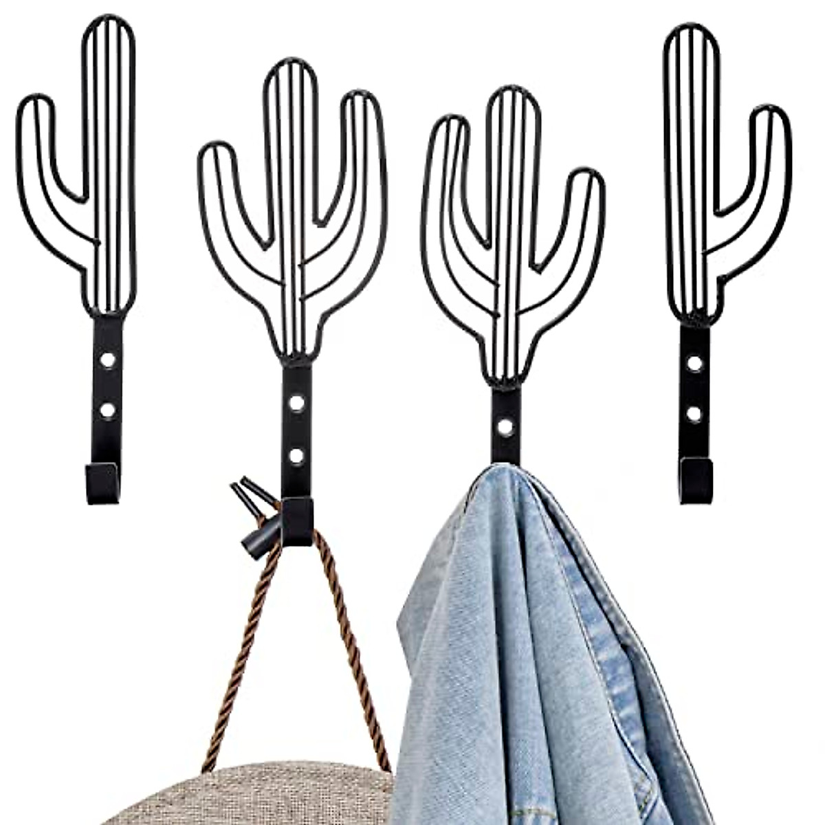 MyGift Wall Mounted Decorative Black Metal Entryway Coat Hooks Saguaro Cactus Shaped Hanging Novelty Hooks, Southwest Style Home Decor, Set of 4