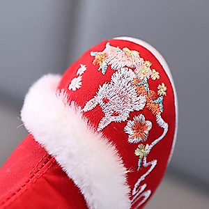 Toddler Gilrs Cloth Shoes Rubber Sole Warm Winter Snow Boots Embroidery Print Cotton Boots Speak Boots (Red, 4-4.5 Years Little Child)