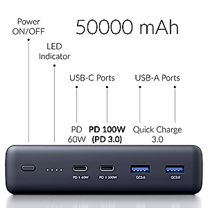 Crave PD Power Bank 50000mAh, PowerPack Portable Battery Pack Charger [Power Delivery PD 3.0 USB-C 100W + Quick Charge QC 3.0 Dual Ports] for MacBook, iPhone, Samsung, and More