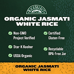 RiceSelect Organic Jasmati White Rice for Asian-Food-Inspired Recipes, Premium Non-GMO Gluten-Free Long-Grain Jasmine Rice, 32-Ounce Jar