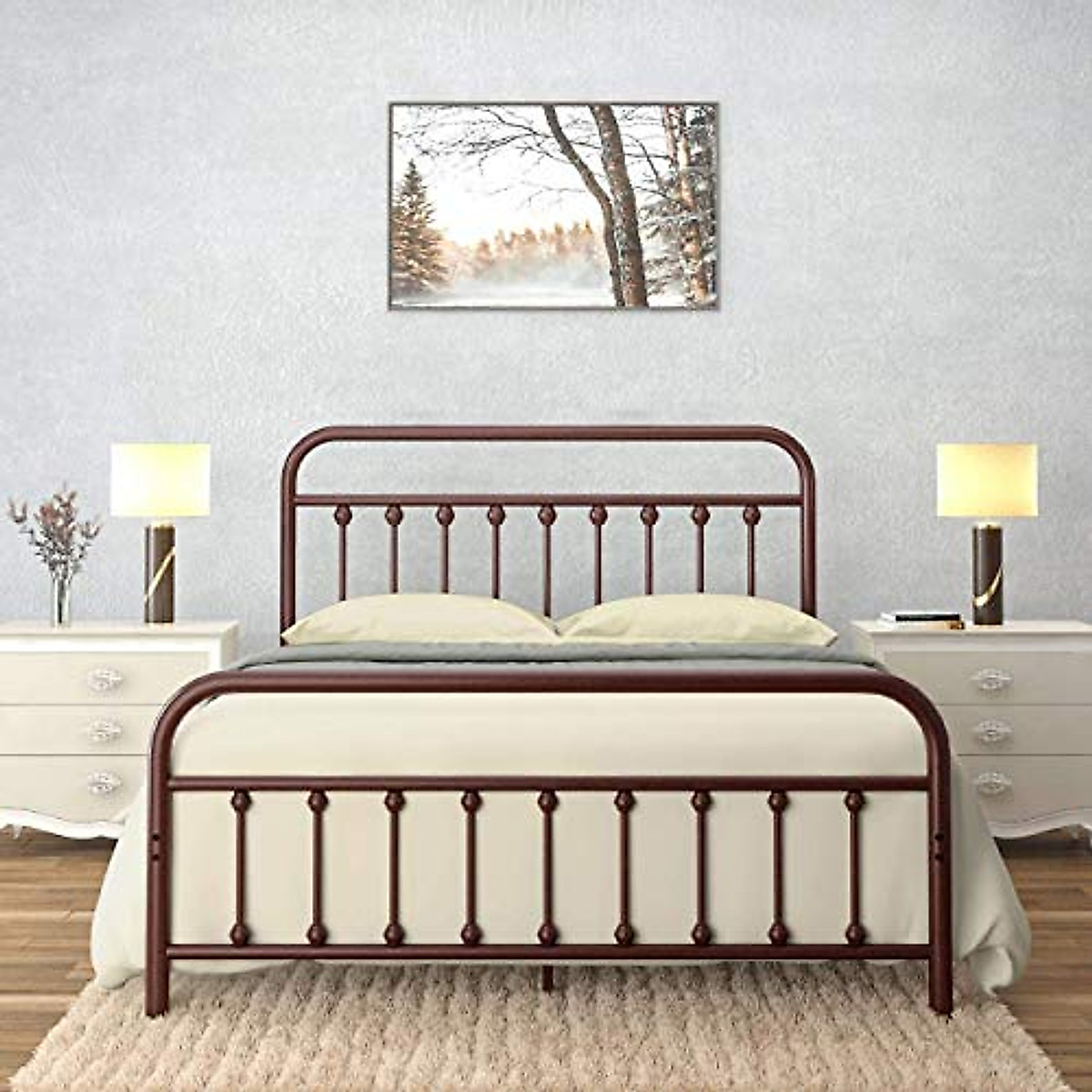 AMBEE21 Vintage Queen Metal Bed Frame with Headboard and Footboard Platform/Wrought Iron/Heavy Duty/Solid Sturdy Metal Slat/Rustic Brown/No Box Spring Needed/Industrial & Farmhouse
