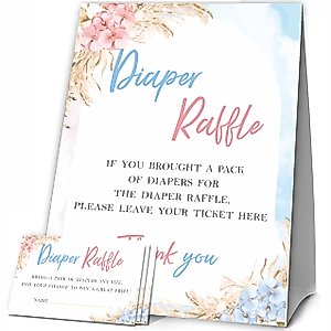JCVUK BOHO Baby Shower Games, 1 Diaper Raffle Standing Sign with 50 Diaper Raffle Tickets, Pampas Grass Bohemian Theme Gender Reveal Party Decorations and Supplies For Boys or Girls(LBLK-A01)
