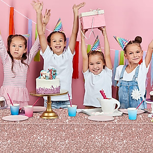 gisgfim 3pcs Pink Rose Golden Birthday Party Tablecloths Rose Gold Sequin Plastic Table Cover Glitter Diamonds Happy Birthday Background Girls for Wedding, Graduation, Anniversary, Holiday(Plastic)