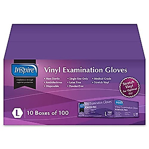 Inspire Exam Grade Powder and Latex Free Stretch Vinyl Gloves, Large, 1000 Count (10 Packs of 100), Yellow (INSSVGPF-L)
