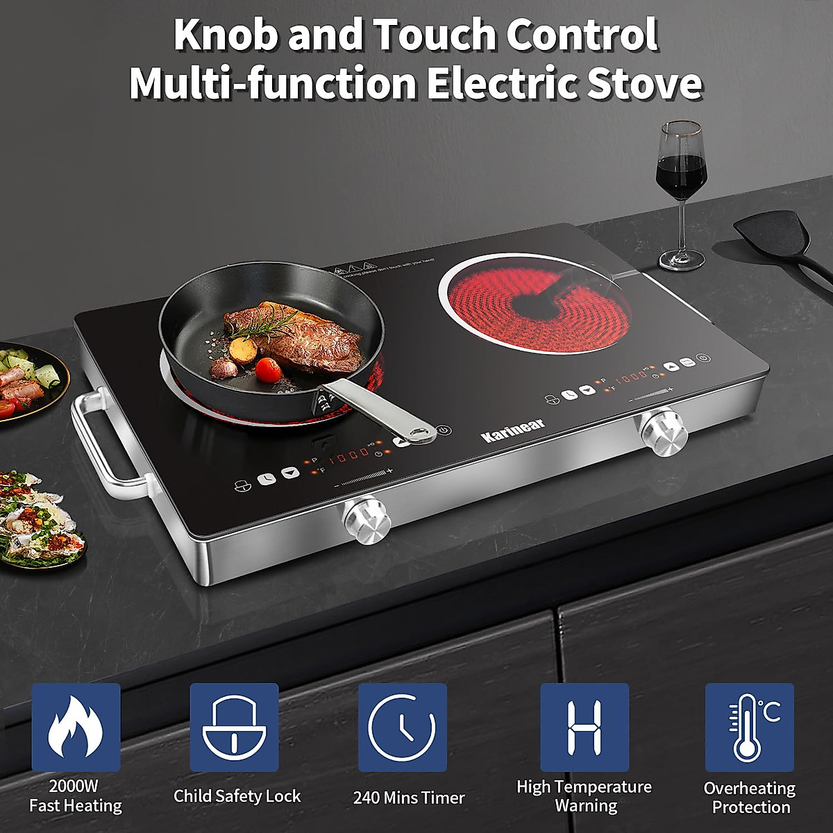 Karinear 2 Burner Electric Cooktop 110V, Portable Electric Stove with Handle, Knob Control Electric Hot Plate, Ceramic Infrared Countertop Burner, Timer, Safety Lock, 9 Power Level, 2000W, 24 inch