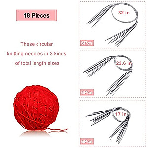 18 Pieces Circular Knitting Needles Set Stainless Steel Knitting Needles Size 2,3,4,5,6,8 mm for Any Weave DIY Lover or Beginner (31.5 Inch, 23.6 Inch, 16.9 Inch)