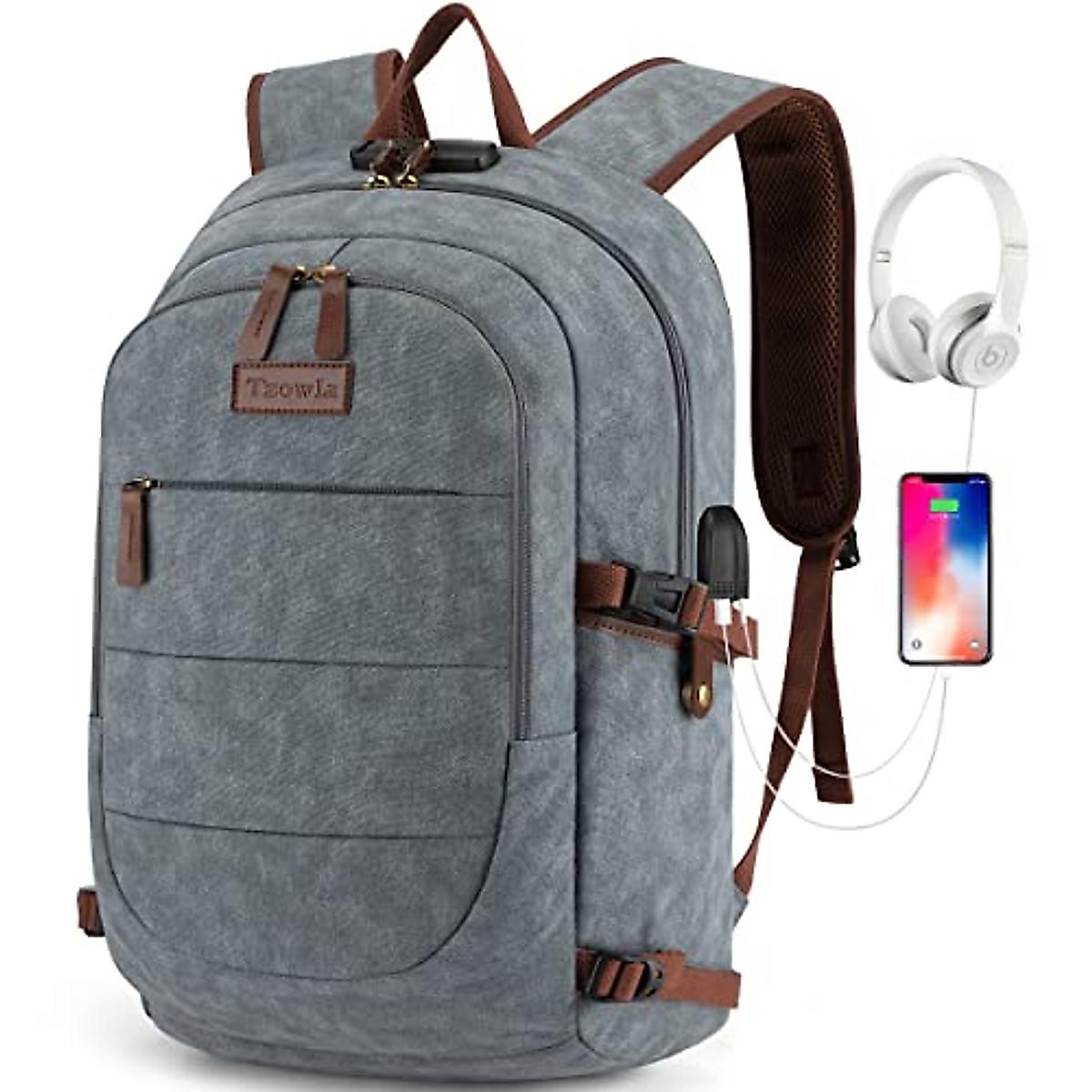 Canvas Laptop Backpack-Anti Theft Bag for Men Women,Rucksack Fits 15.6Inch Laptop, Work Travel Bookbag with USB Charging Port and Lock