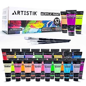 ARTISTIK Acrylic Paint Tube Set of 32-22ml Paint Tubes with 3 Brushes for Adults, Kids and Artists - Non-Toxic Artist Quality Paints for Canvas Painting, Wood Crafts, Ceramic and Art Supplies