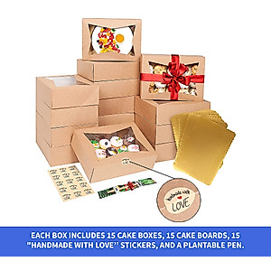 FATRE FOODS (15 Pack) Cake Boxes with Cake Boards INCLUDED – Easy-Assembly, 14 x 10 x 4 Inch, Dessert Boxes with Window, Stickers – Store & Sell Cakes, Cupcakes, Muffins, & Donuts in Bakery Boxes