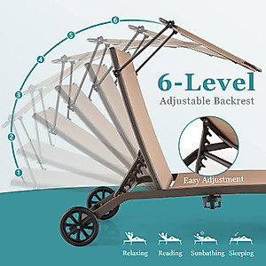 HAPPYGRILL Chaise Lounge with Wheels & Adjustable Canopy Shade, Outdoor Mobile Tanning Chair with Cup Holder, Recliner Chair for Patio Poolside Lawn Beach