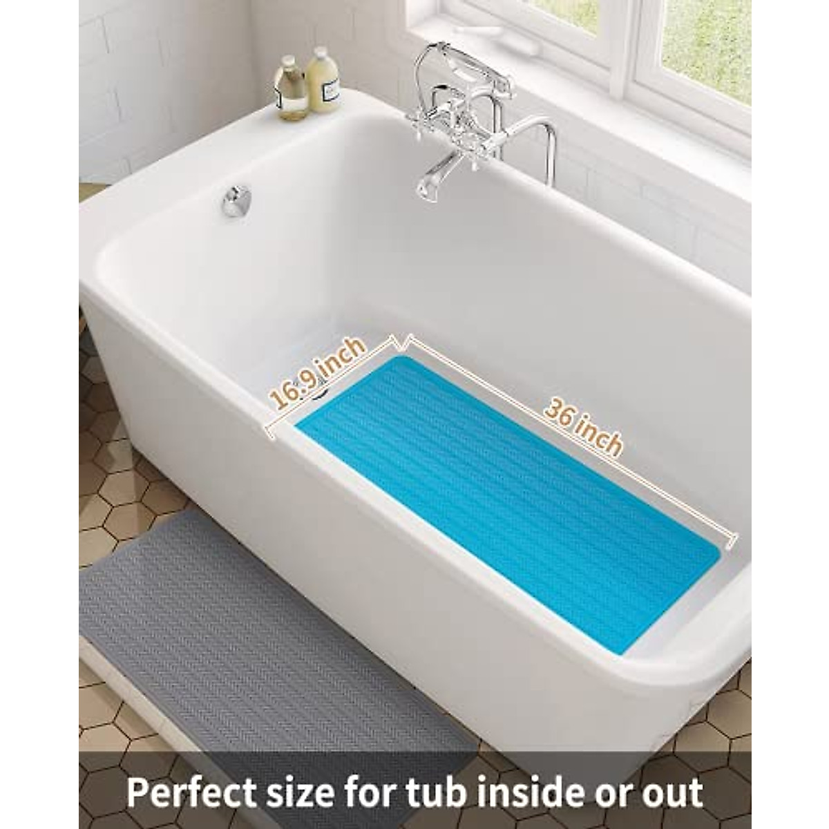 Bligli Non Slip Bathtub Mat, 16.9x36 inches Extra Large Bath Mats with Strong Suction Cups, Soft Rubber Shower Stall Mat for Bathroom, Durable and Machine Washable (Blue)