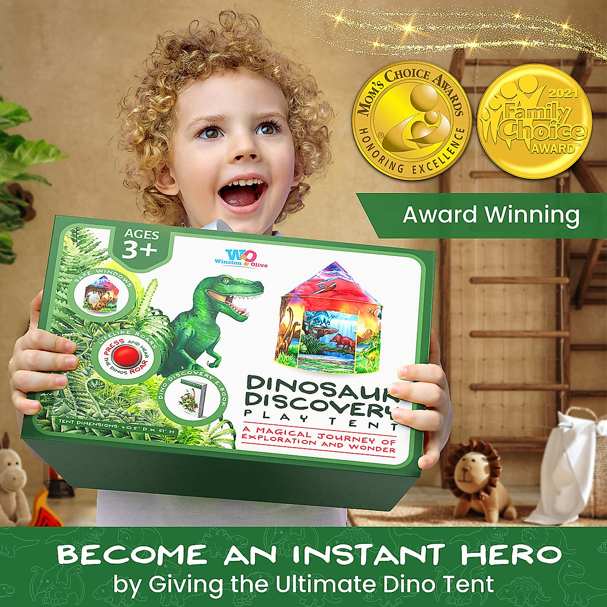 W&O Dinosaur Discovery Play Tent with Roar Button - Extraordinary Pop Up Tent for Boys & Girls - Perfect for Indoor & Outdoor Adventures