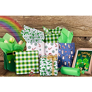Whaline St. Patrick's Day Tissue Paper 90 Sheet Green Plaid Shamrock Clover Pattern Art Tissue Bulk Irish Spring Holiday Wrapping Paper for DIY Crafts Party Gift Bag Packing Birthday Favors, 14 x 20"