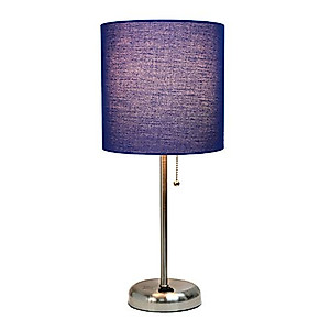 Limelights LT2024-NAV Brushed Steel Stick Table Desk Lamp with Charging Outlet and Drum Fabric Shade, Navy, 8.5 x 8.5 x 19.5