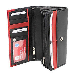 STARHIDE Women's Ladies RFID Blocking Luxury Soft Real Napa Leather Clutch Wallet Long Flapover Purse Black Red 370