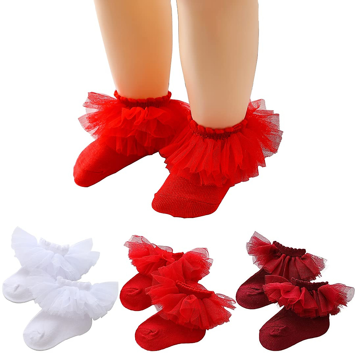 Adeimoo Newborn Baby Girls Lace Tutu Socks Toddler Eyelet Turn Cuff Ruffle Ankle Dress Socks for Infant 0-6 Months