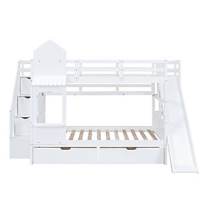 Harper & Bright Designs Full Over Full Bunk Bed with Stairs and Slide, Solid Wood Bunk Bed Frame with Storage Drawers and Bookshelf, for Kids Teens Adults- White