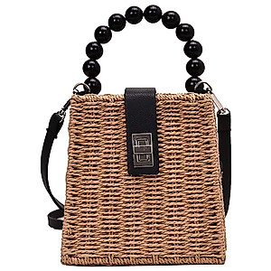 QZUnique Straw Bucket Bags for Women Top Handle Drawstring Woven Handbag Shoulder Bag Summer Beach Purses with Bamboo Handle
