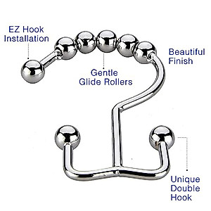 2lbDepot Shower Curtain Rings Hooks - Chrome Finish - Premium 18/8 Stainless Steel - Double Hooks with Easy Glide Rollers Rust Resistant Metal Hook, Six Finishes Available - Set of 12 for Shower Rods