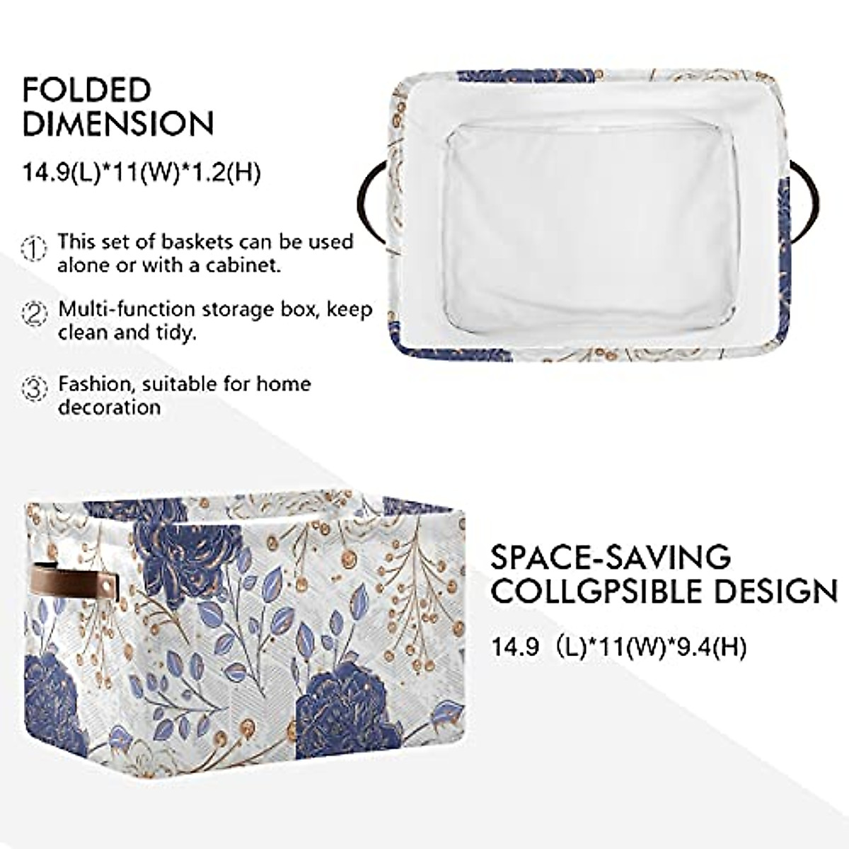 Blue White Floral Gold Iphone Wallpaper_ #Blueflowerwallpaper Square Storage Basket Storage Bins Canvas Storage Organizer Closet Shelf Organizer for Home Office, 2 Pc