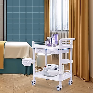 Rolling Utility Cart, 3-Tier Heavy Duty Cosmetology Cart with 360° Swivel Wheels, Dirt Bucket and Drawer for Beauty Salon SPA, Commercial Hospital Office Lab Cart (White)