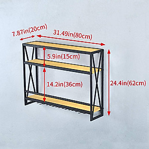 SSS Furniture Industrial Wine Rack Wall Mounted with 8 Stem Wine Glass Holder, 31.5in Hanging Wall Wine Rack Floating Bar Shelves, 3-Tier Wood Shelves Wine Shelf Home Décor Display Rack